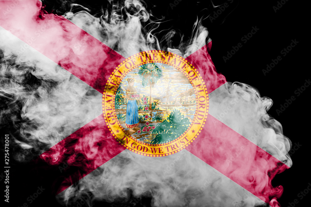 The national flag of the US state Florida in against a gray smoke on ...