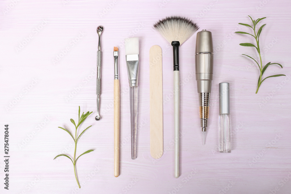 Cosmetology tools: aesthetics, eyebrow tattoo brush, scissors, cream ...