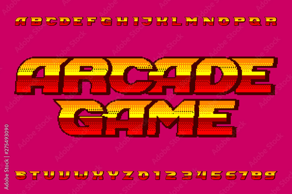 Arcade Game alphabet font. Digital pixel colorful letters and numbers ...