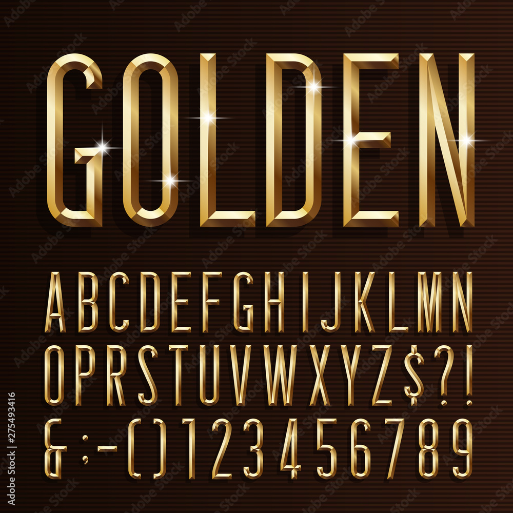 Gold alphabet narrow font. 3d beveled gold effect letters, numbers and ...