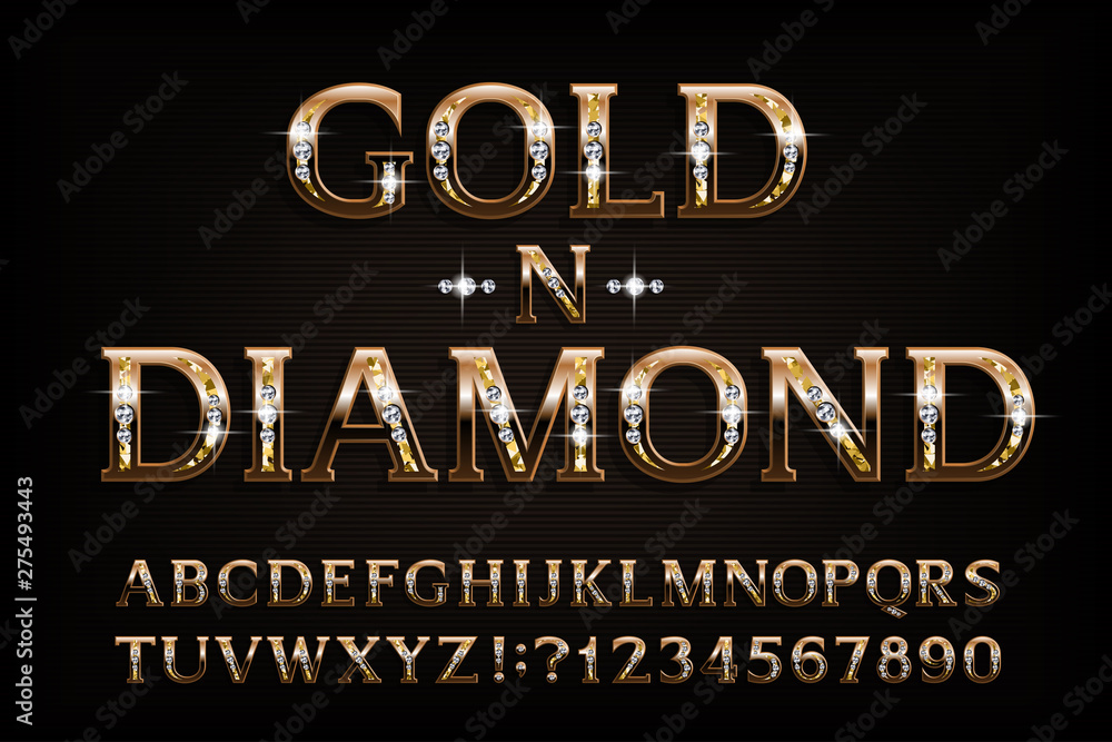 Gold n diamond alphabet font. Serif golden letters and numbers with ...