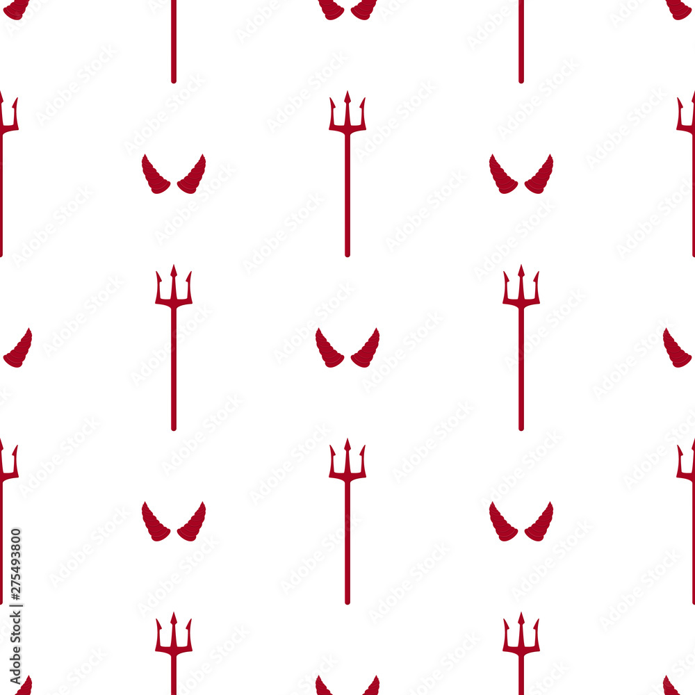 Seamless pattern with red devil tridents and horns on white background ...