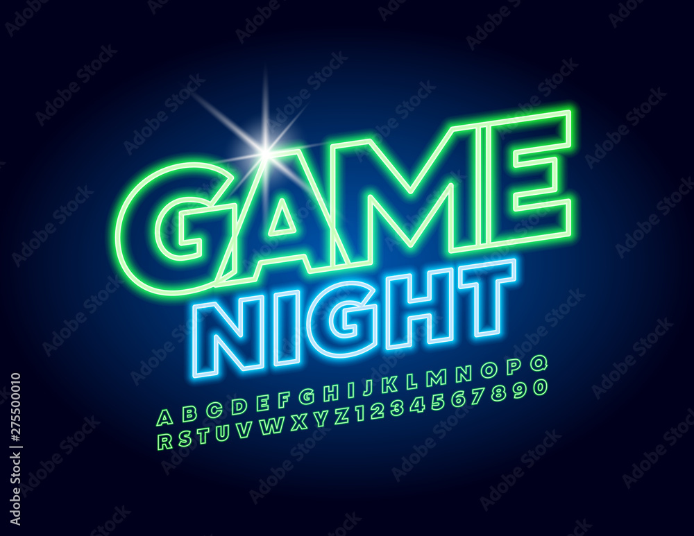 Vector bright neon banner Game Night. Uppercase glowing Font. Green ...
