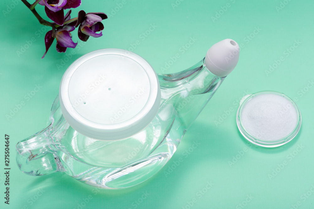 Neti Pot with Soft Comfort Tip, pile of Saline and Purple Orchid ...