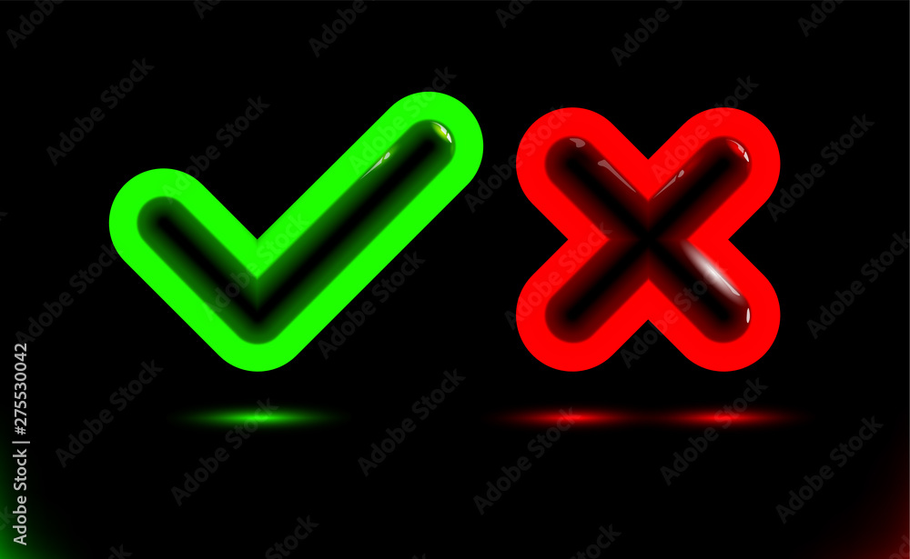 Green checkmark and red crosshair icon. Tick set symbol. 3d modern glossy colorful ornamental ui ...