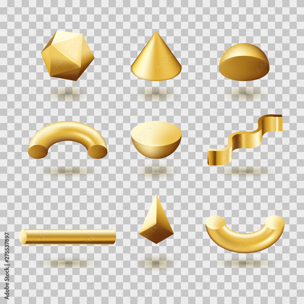 Abstract golden geometric shapes set. Vector 3d illustration. Gold ...