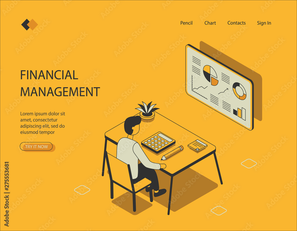 Isometric image on yellow background of financial management ...