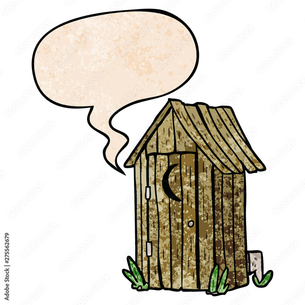 cartoon traditional outdoor toilet and crescent moon window and speech ...