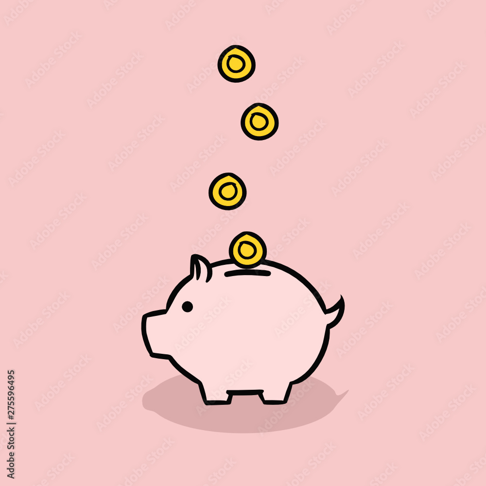 Vector cartoon style illustration of pink piggy bank with falling ...