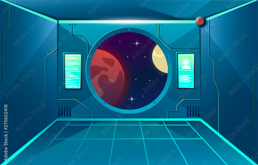 Porthole on hallway in spaceship. Moon and mars planet in viewport ...