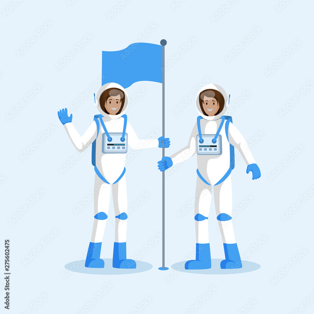 Astronauts team placing flag flat illustration. Female smiling ...