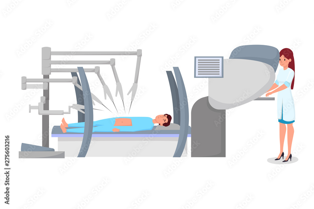Modern robotic surgery flat vector illustration. Young female surgeon ...