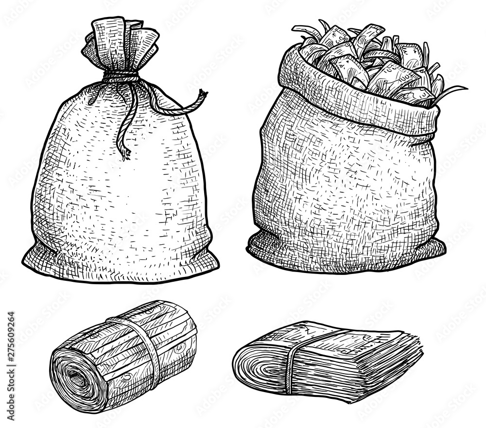 Money in bag illustration, drawing, engraving, ink, line art, vector ...