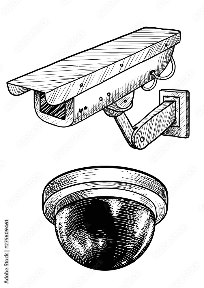 Security camera illustration, drawing, engraving, ink, line art, vector ...