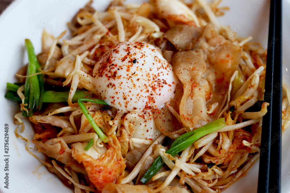 Buta Kimchi (Pork and Kimchi Stir-fry with onsen tamago egg) , a milder ...