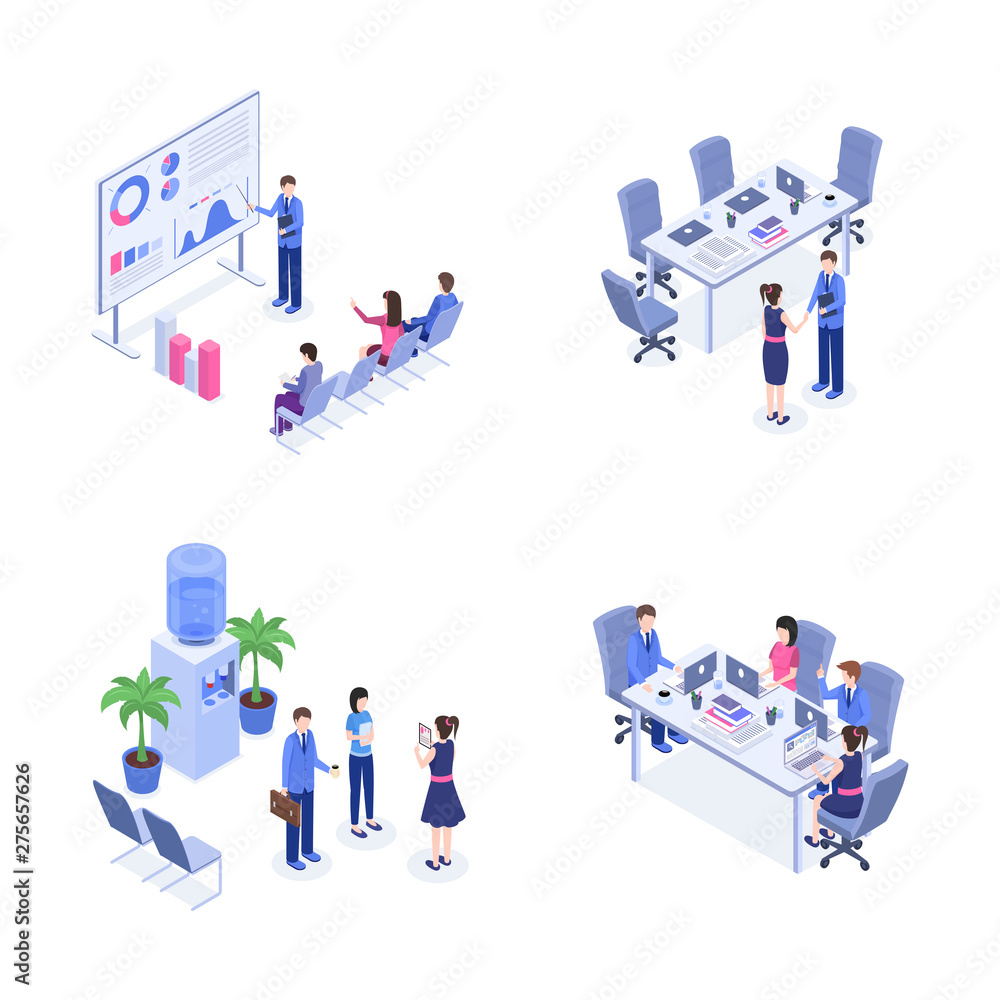 Teamwork vector color isometric illustrations set. Business people ...