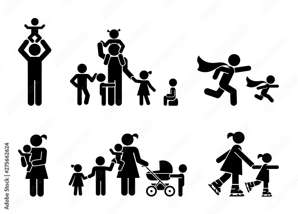 Children and their parents. Pictograms presenting parental love and ...