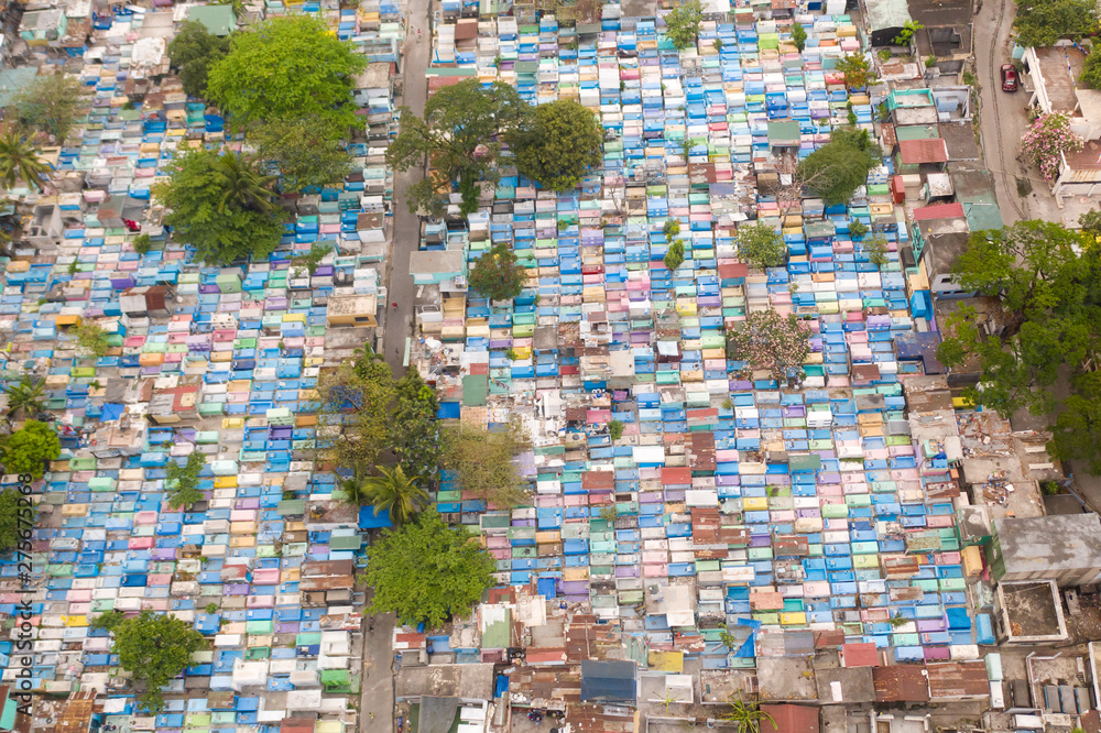City cemetery in Manila, view from above. Many stone coffins and crypts ...