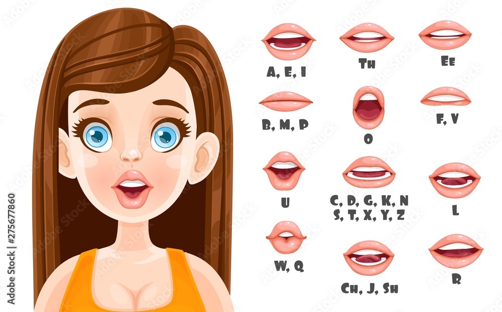 Cute brunette woman talking mouth animation. Female character speak ...