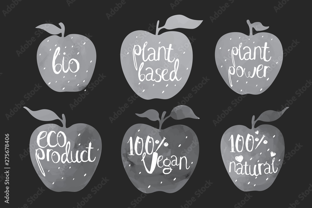 Vegan elements design set, green apples lettering black and white Stock ...