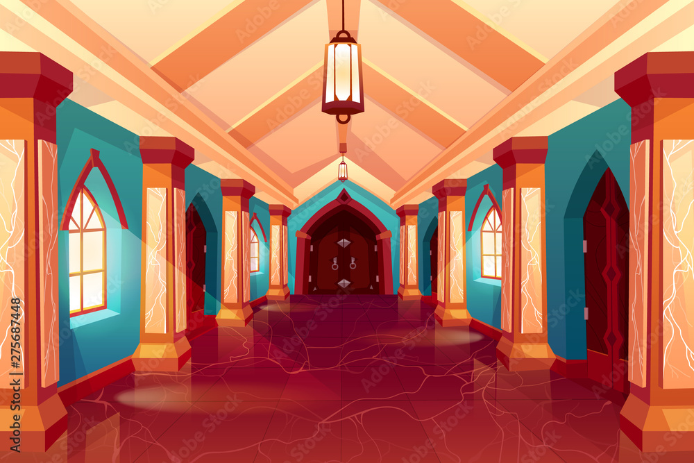 Corridor of castle or historical hotel, palace column hall, empty ...