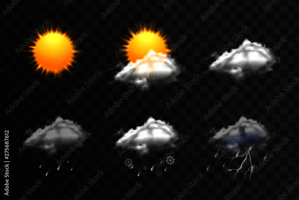 Realistic weather icons set isolated on transparent background vector ...