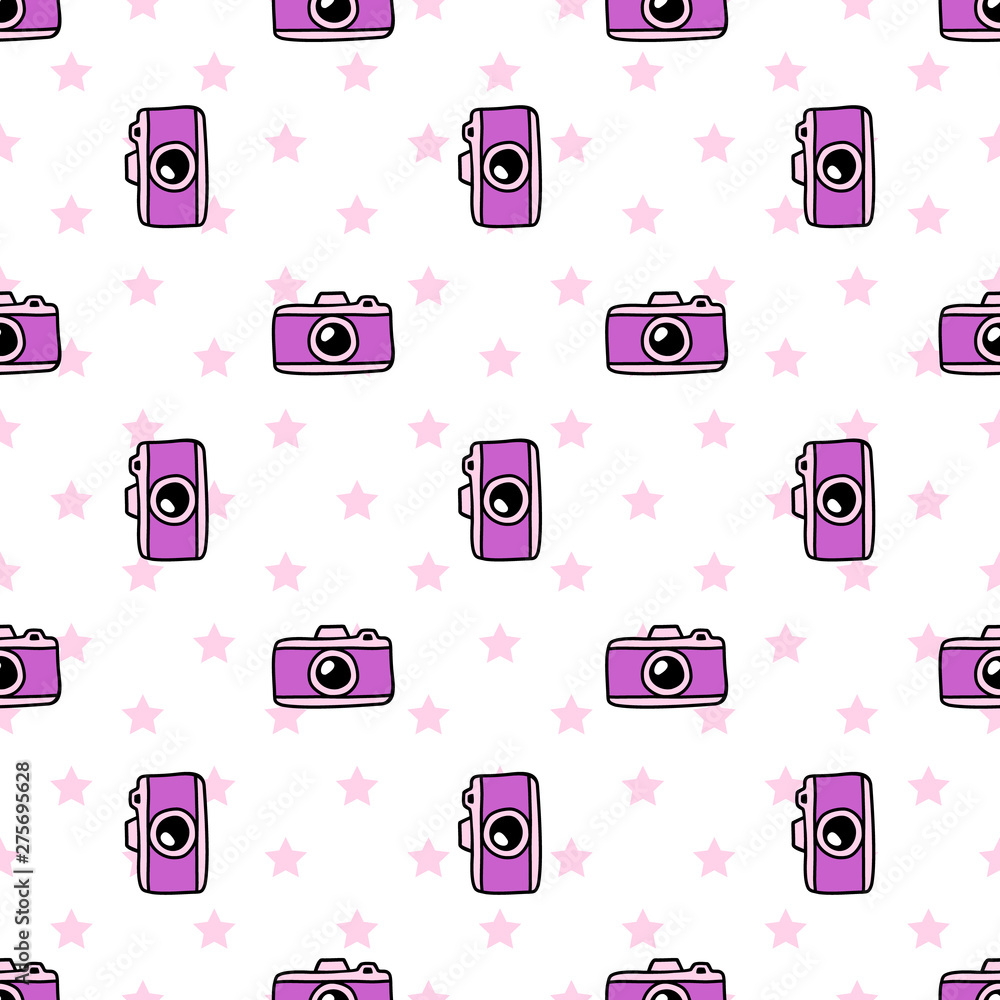 Hand Draw Camera Seamless Pattern. Vector Endless background in Doodle ...