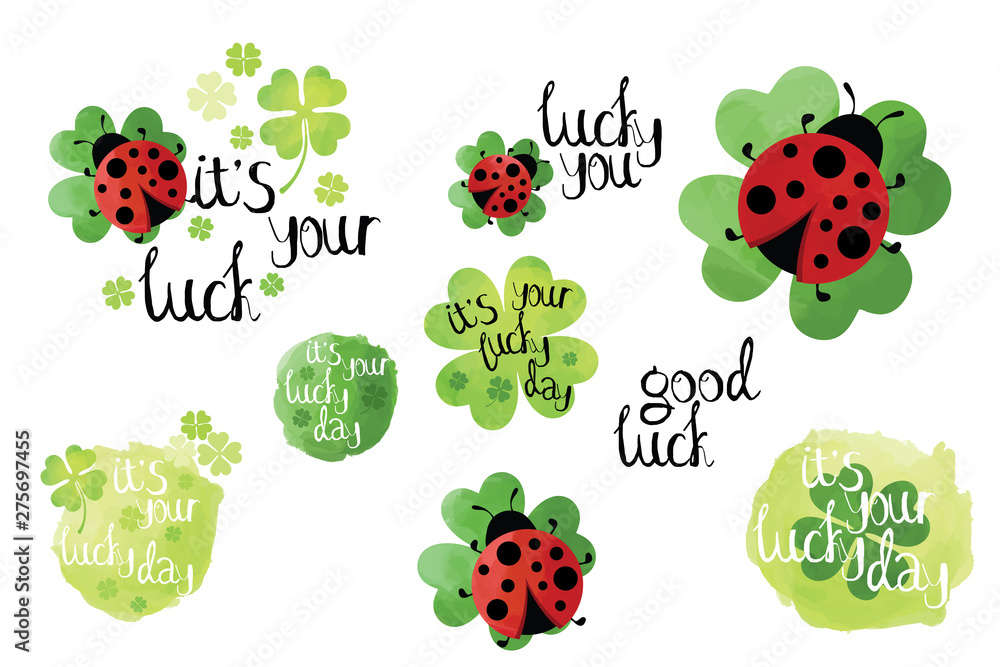 Bright good luck wishes card elements set, drawn labels on white ...