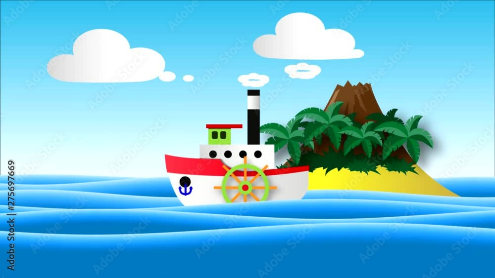 Steamship. The paddle steamer floats on the sea past a tropical island ...
