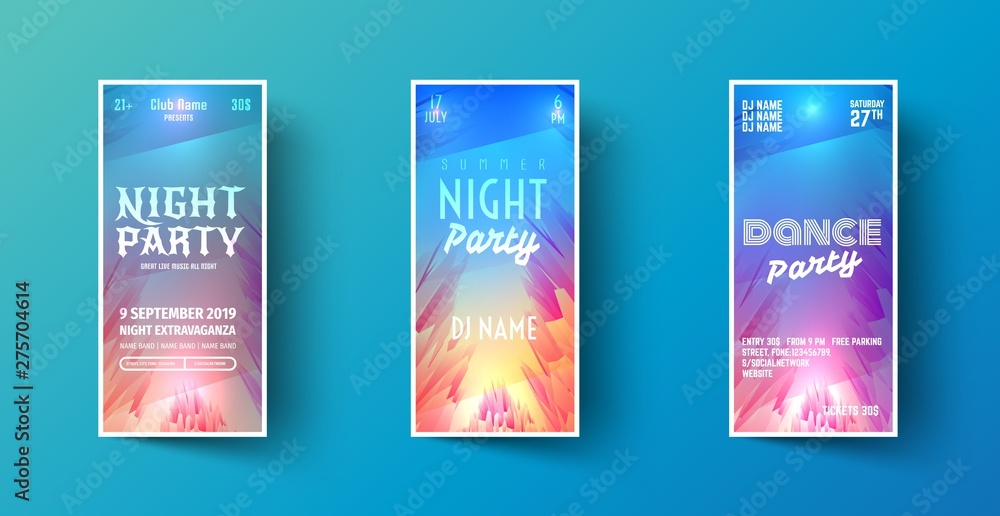 Set party flyer or poster on blue, purple and orange background ...