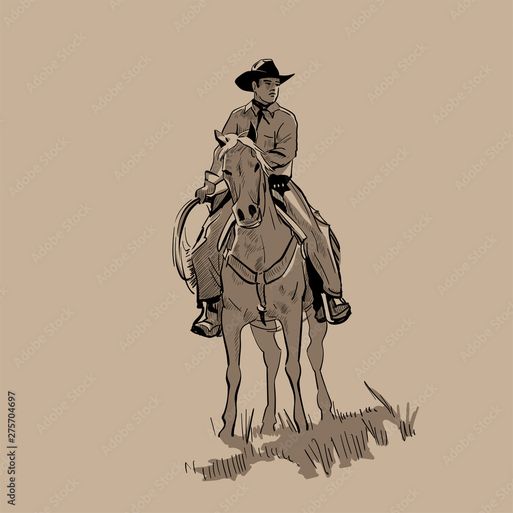 American cowboy riding horse and throwing lasso. Hand drawn vector ...