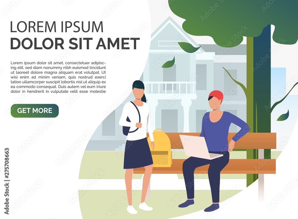 Students chatting and studying in campus park. Information, knowledge ...