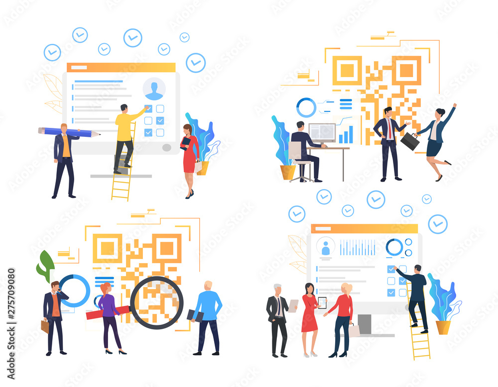 Collection of people working on web site. Busy people scanning barcodes ...