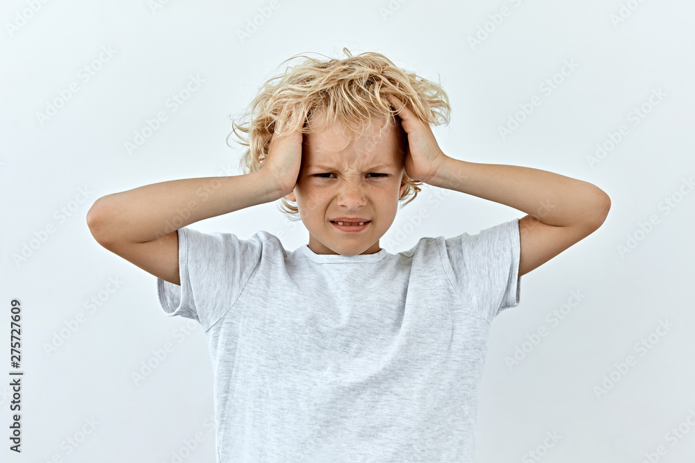 Frustrated and stress emotion. Portrait of Little child boy against ...