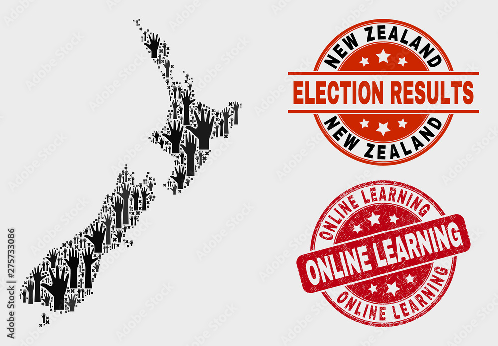 Voting New Zealand map and seal stamps. Red rounded Online Learning ...