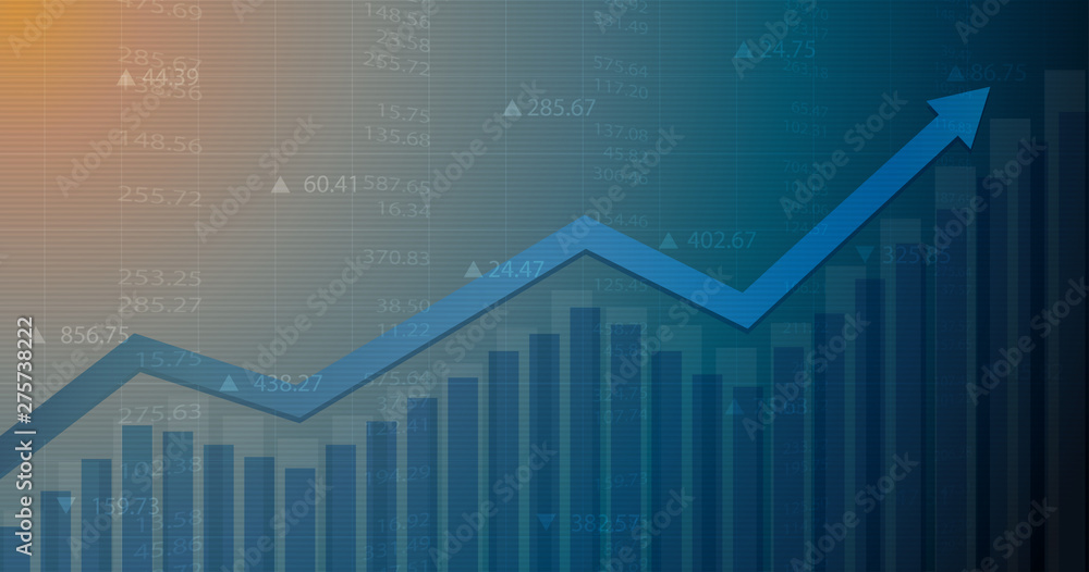 Widescreen abstract financial chart with uptrend line graph arrow and numbers in stock market on ...