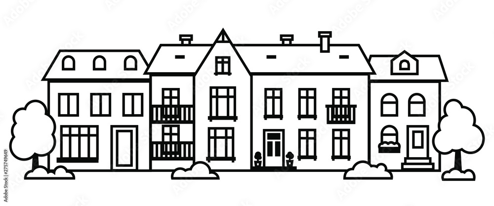 Graphic outline of Amsterdam style houses. Black silhouette of typical ...