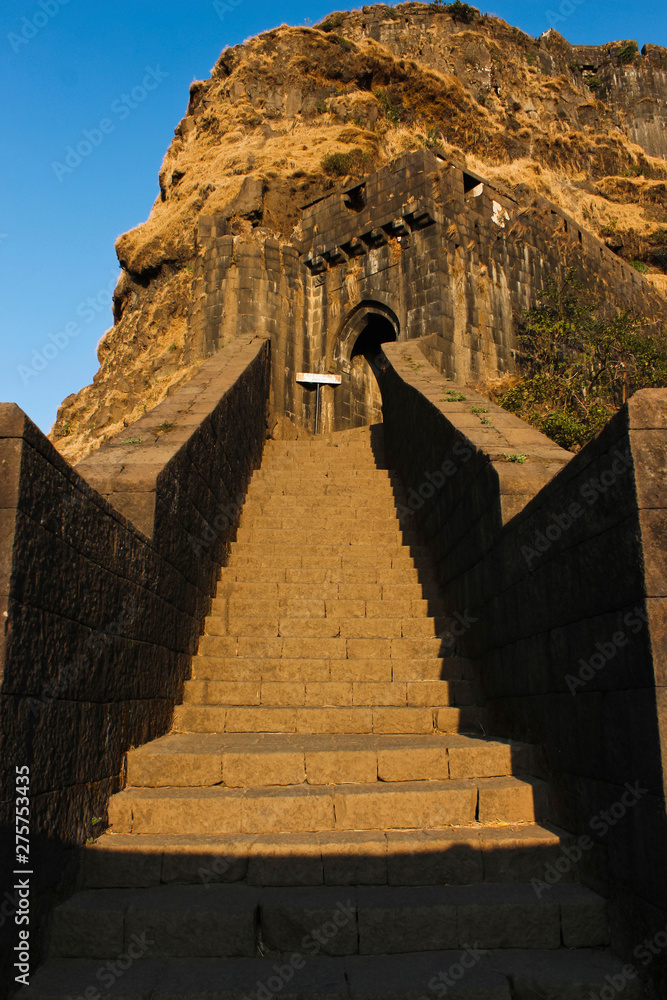 Main entrance stone steps of Lohagad hill fort, Pune district ...
