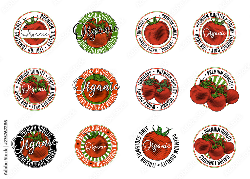 Tomato badge stamp label design set. Vector illustration of tomatoes in ...