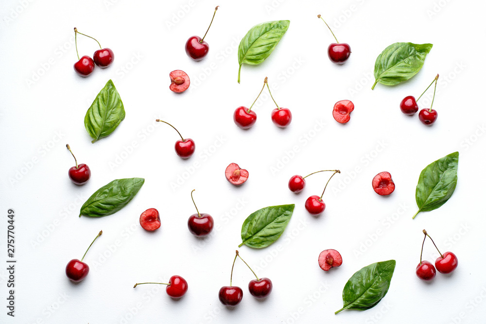 Cherry pattern. Flat lay of fresh ripe cherries on white background ...