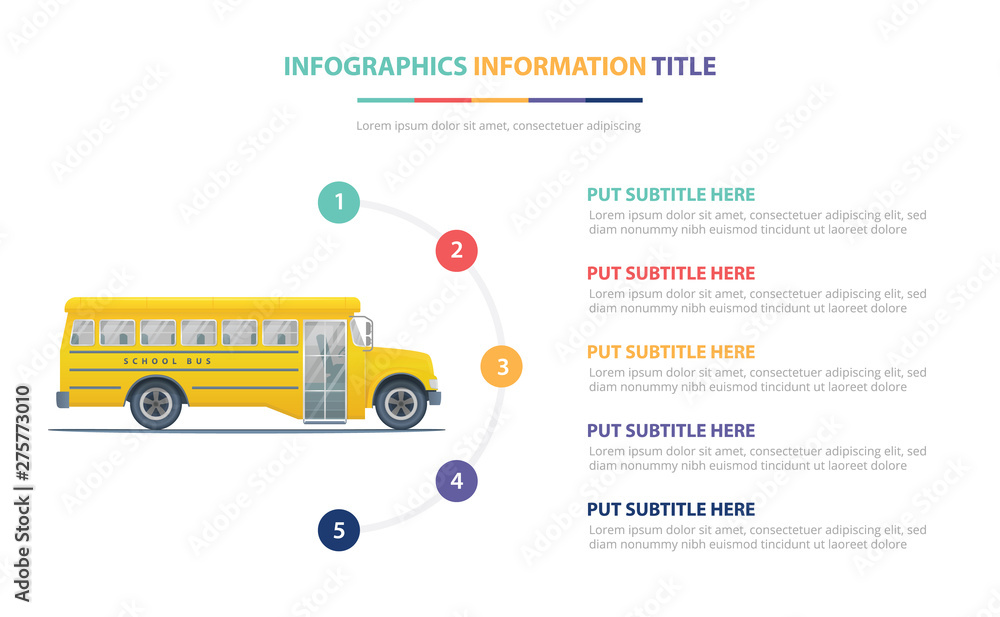 school bus infographic template concept with five points list and ...