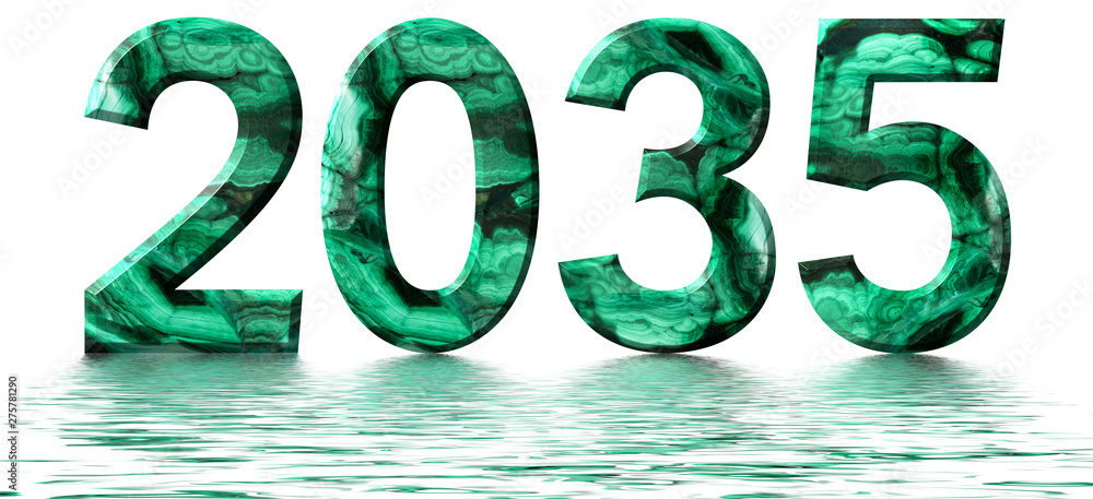 Inscription 2035 from natural green malachite, reflected on the water surface, isolated on white ...