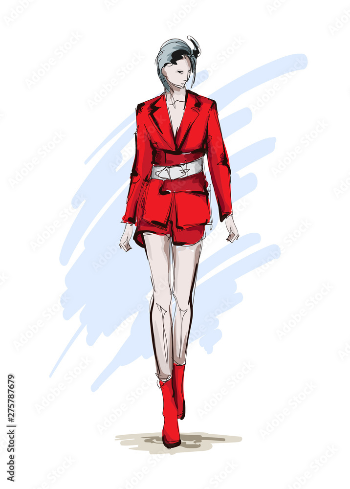 Vecteur Stock Beautiful young women in red costume. Hand drawn fashion ...