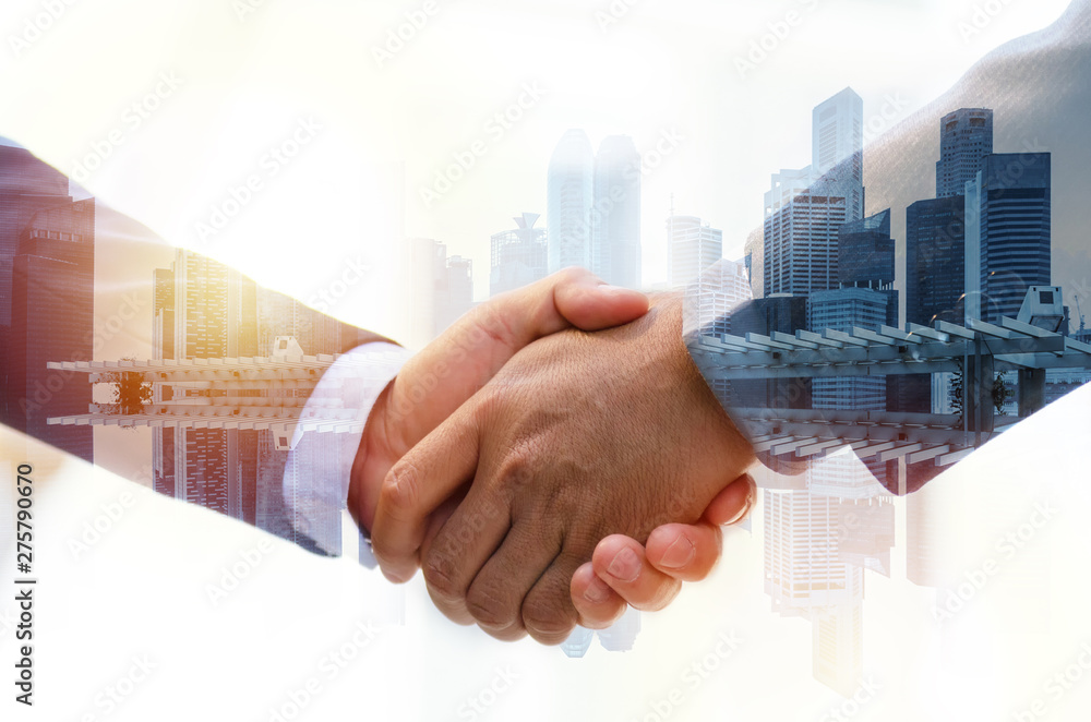 Partnership. double exposure image of investor business man handshake ...