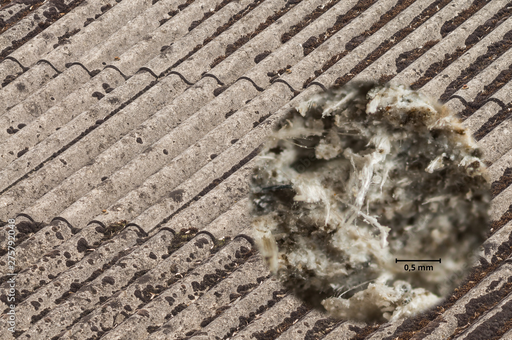 Foto de Faserzementplatten mit Asbest und Mikrofoto mit Asbestfasern ...