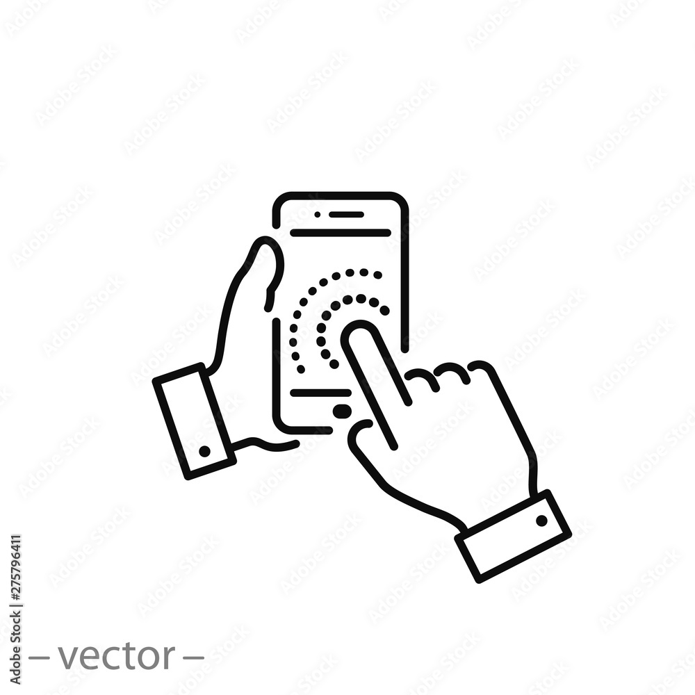 mobile app, hand touch smartphone icon, touchscreen, line symbols on ...