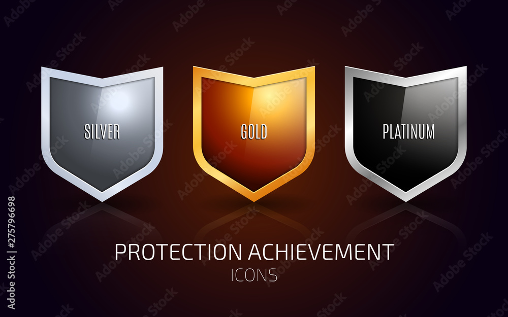 A set of Silver, Gold and Platinum shield. Protection achievement Icons ...
