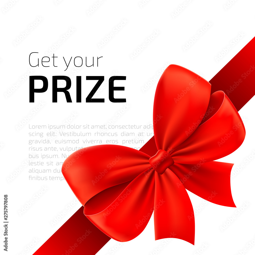 Get your prize. White Gift card template with realistic red bow ...