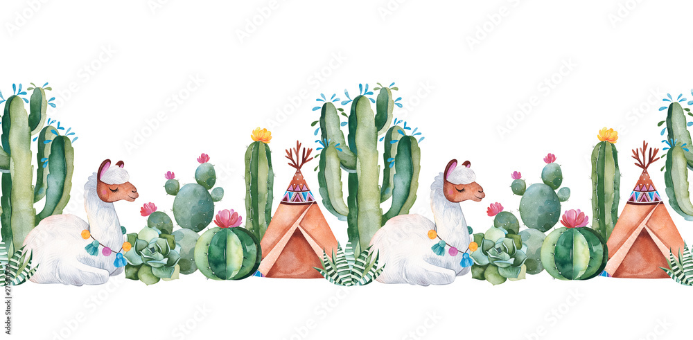Lovely repeat border with green watercolor cactus,succulents,flowers ...