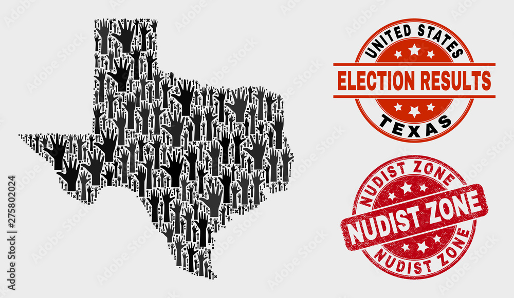 Ballot Texas State map and watermarks. Red rounded Nudist Zone ...